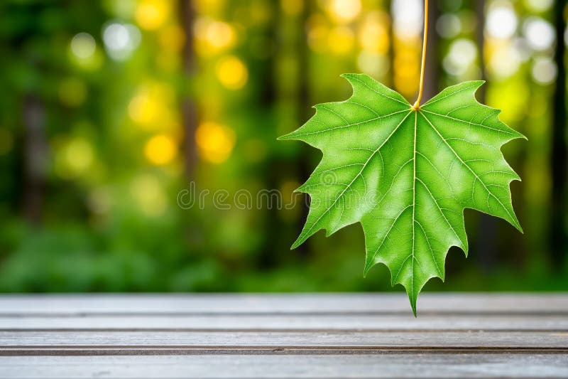 A Green Leaf Hanging from a String on a Wooden Table Stock Image ...