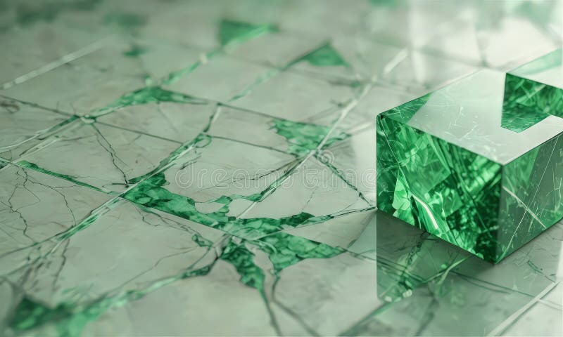 Green Marble Cube Rests on White Marble Surface, with Blurred ...