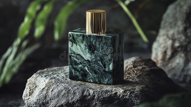 Green Marble Perfume Bottle with Gold Cap Resting on Rock Stock ...