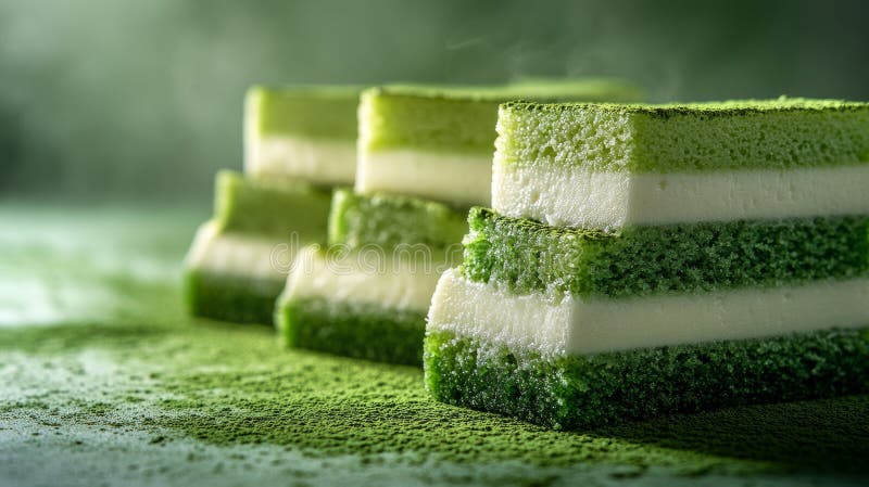 Green Matcha Cake Slices with Powdered Dusting Stock Photo - Image of ...