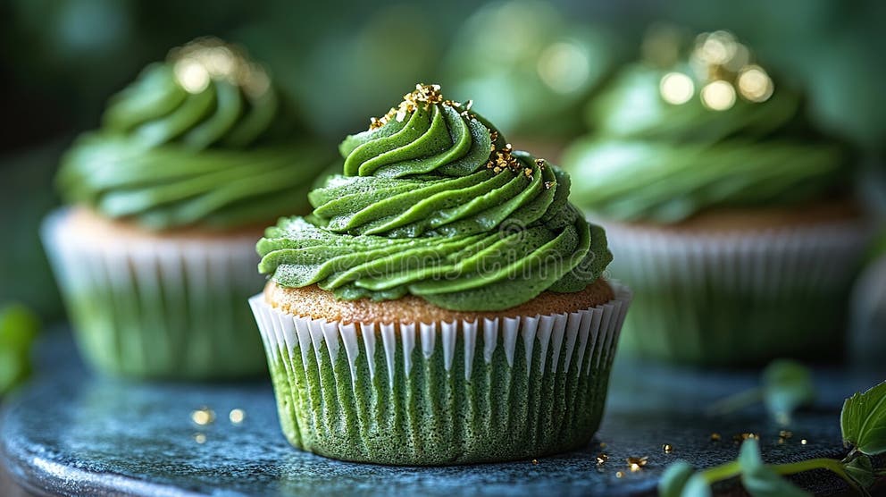 Green Matcha Cupcakes with Gold Sprinkles Stock Illustration ...