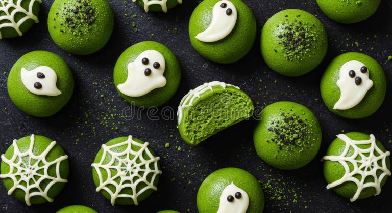 Green Matcha Halloween Cookies with Ghost and Spiderweb Decorations ...