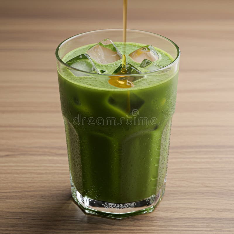 Green Matcha Iced Tea in Glass on Wooden Table Stock Illustration ...
