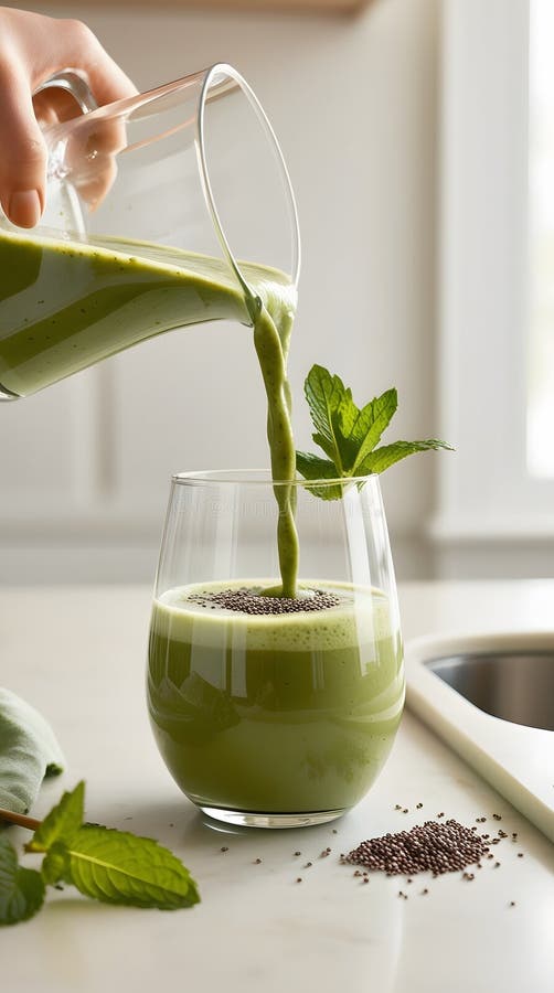 Green Matcha Latte in a Glass on a White Kitchen Table Stock ...