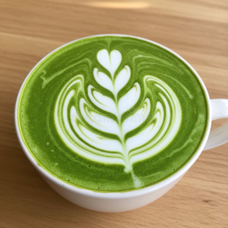 Green Matcha Latte with Leaf Design in White Mug Stock Illustration ...