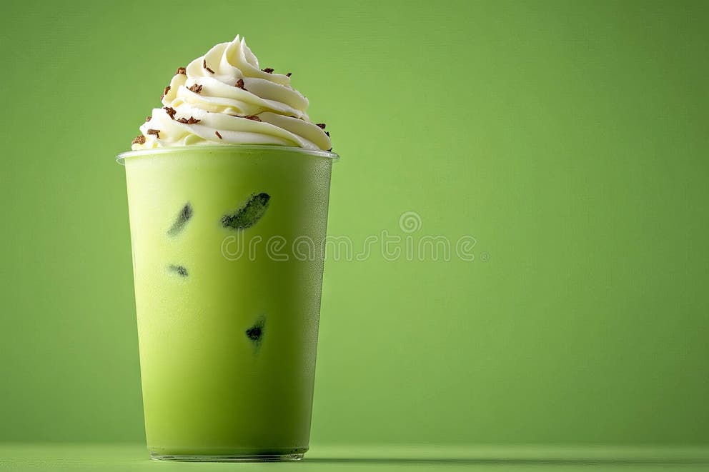 A Green Matcha Latte Set Against a Green Backdrop with Room for Text ...