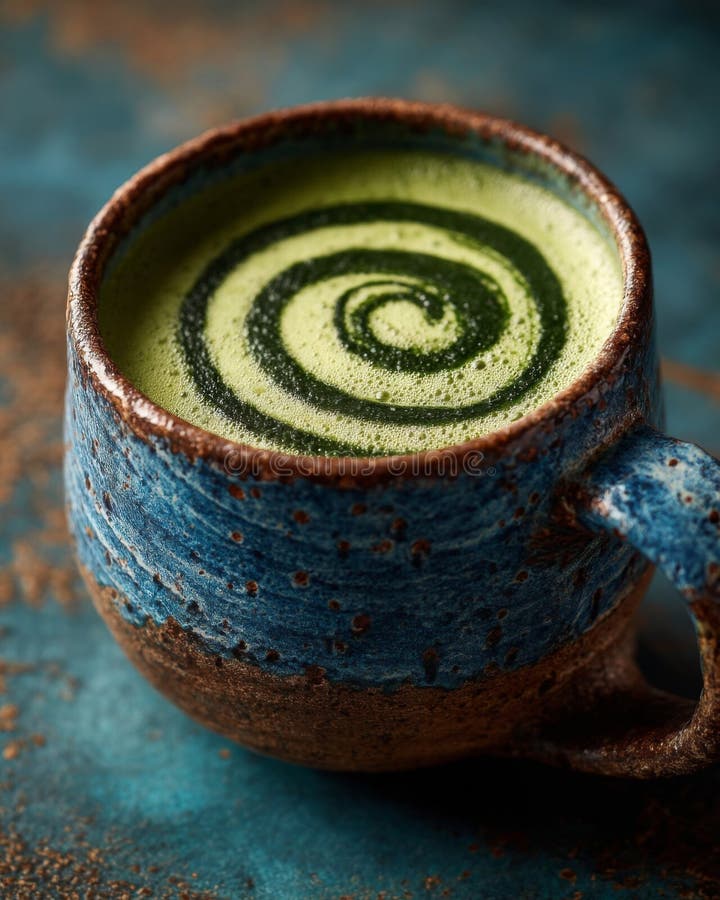 Green Matcha Latte with Spiral Design in Blue Ceramic Mug Stock ...