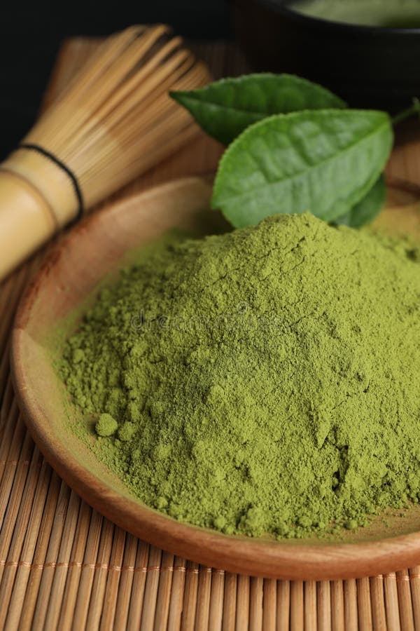 Green Matcha Powder on Bamboo Mat, Closeup Stock Image - Image of asian ...
