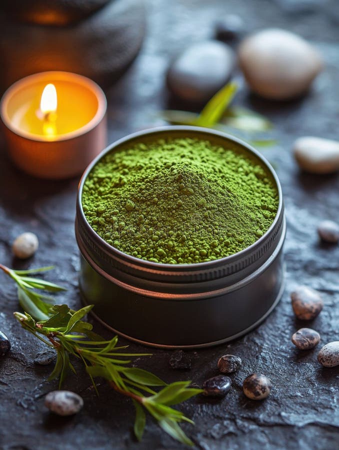 Matcha Powder in Tin with Candle and Stones on Dark Surface. Generative ...