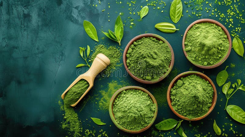 Green Matcha Powder in Wooden Deep Plates and a Wooden Spoon on the ...
