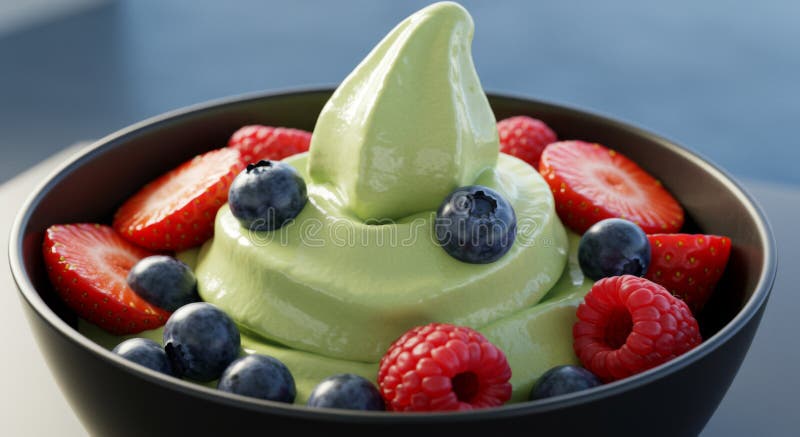 Green Matcha Yogurt Parfait with Berries in Black Bowl Stock ...