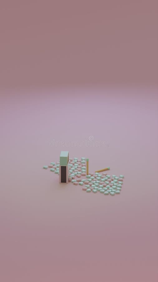 Green Matchstick Standing among Heart-shaped Candies on a Pink Surface ...