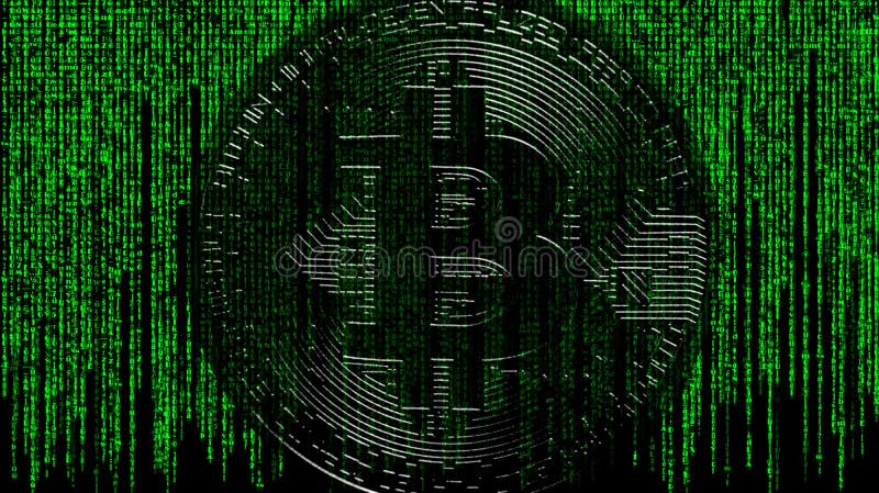 Green Matrix Background with a Transparent Large Bitcoin in the Middle ...