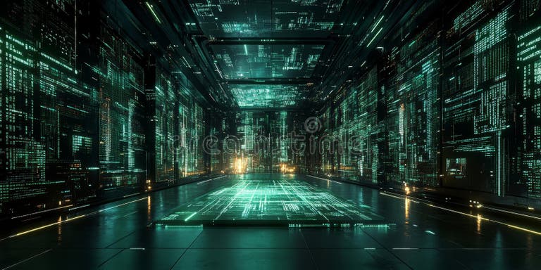 Green Matrix Code Display in Dark Room, Digital Data Flow, Digital ...