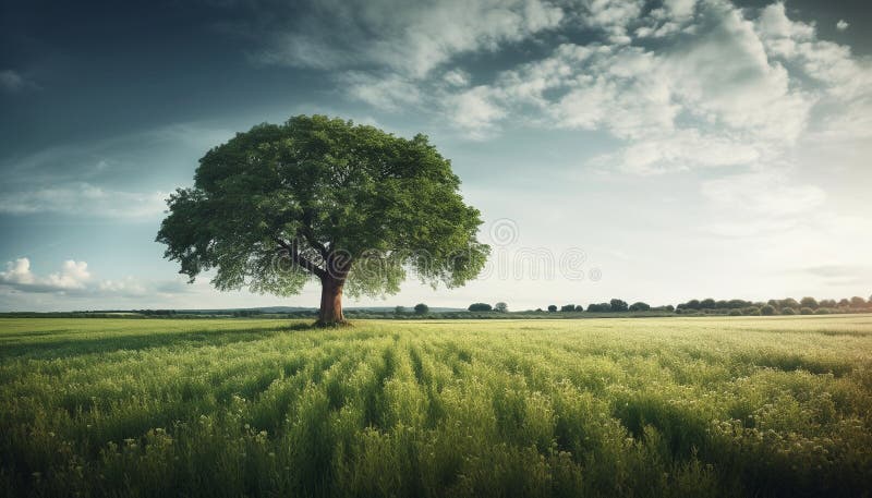 Green Meadow, Lone Tree, Tranquil Horizon at Dawn Generated by AI Stock ...