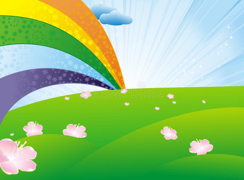 Green meadow and rainbow stock illustration. Illustration of relaxation ...