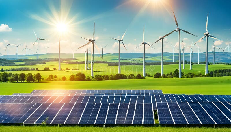 Green Meadow with Solar Panels and Wind Turbines, Green Energy Stock ...