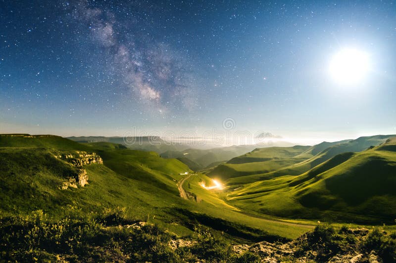 Green Meadows Under the Stars and Milky Way Stock Image - Image of cold ...