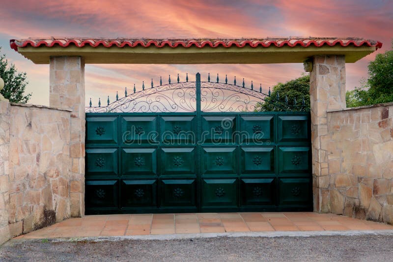 Green metal gates stock image. Image of iron, facade - 207315613