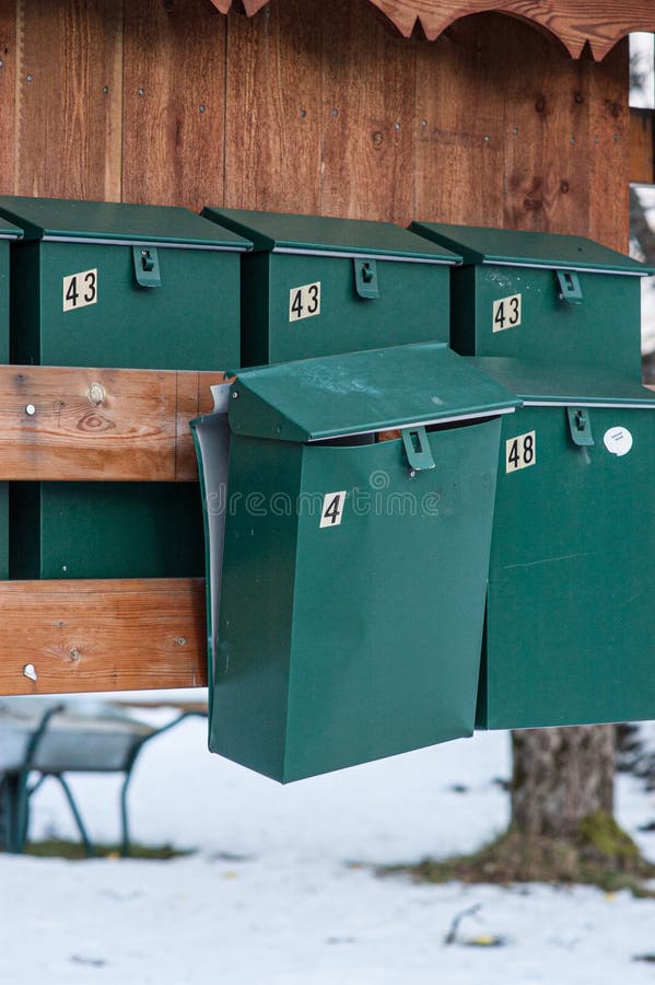 Green Metal Mailboxes in Winter.. Stock Image - Image of metal ...