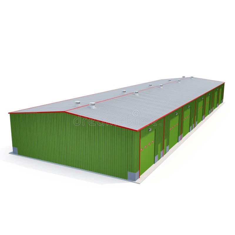 Small Green Warehouse Building On White. 3D Illustration Stock ...