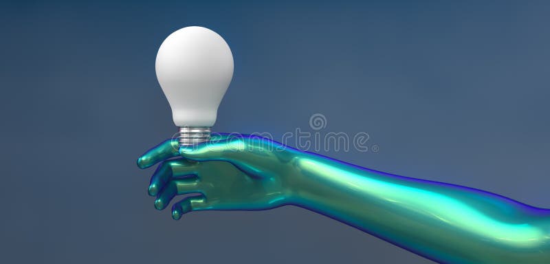Green Metallic Robotic Arm Holding a White Light Bulb. Technology ...
