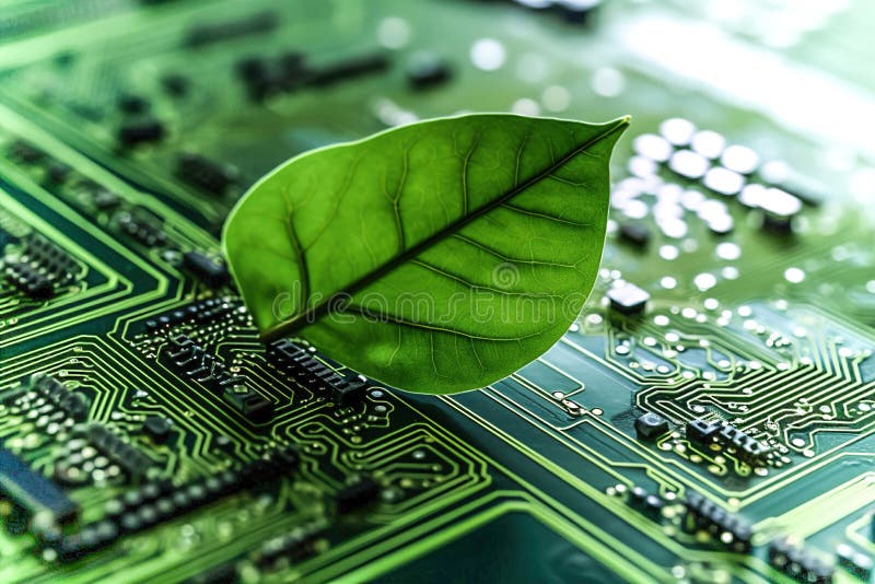 Green Micro Chip on Circuit Board and Green Leaves. Ecological Concept ...