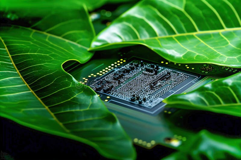 Green Micro Chip on Circuit Board and Green Leaves. Ecological Concept ...