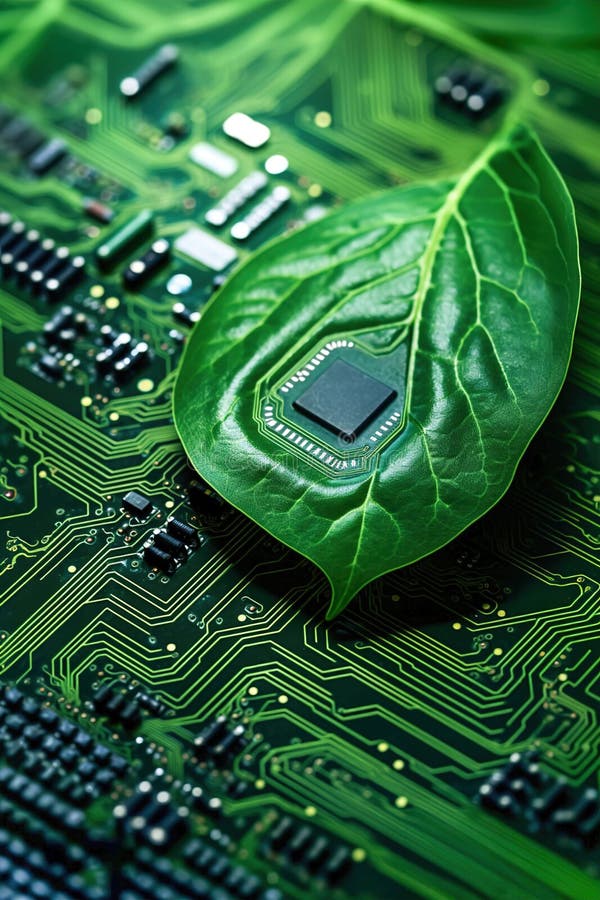 Green Micro Chip on Circuit Board and Green Leaves. Ecological Concept ...