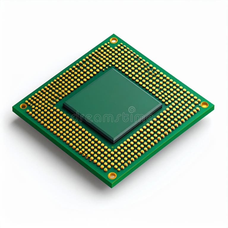 Green Microchip with Gold Connectors on White Background Stock ...