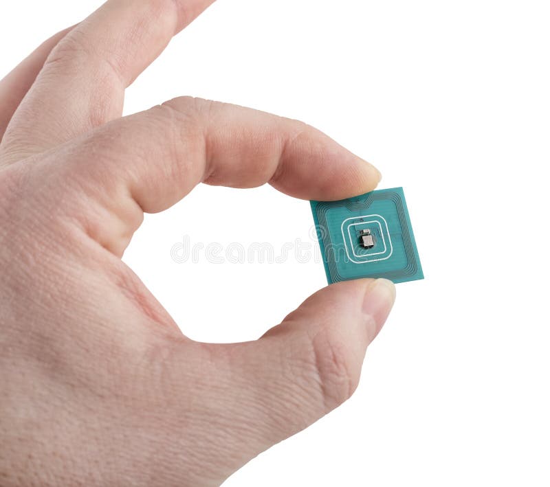 Green Microchip in Man Hand on White Background. Stock Image - Image of ...