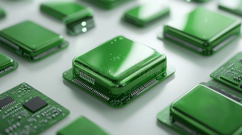 Green Microchips on Circuit Boards Close-up Stock Illustration ...