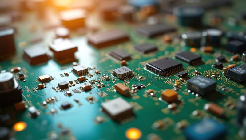 Green Microcircuits Embedded on Board in Production. Colorful Metallic ...