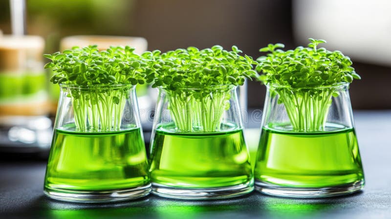 Green Microgreens in Beakers with Nutrient Solution on Laboratory Table ...