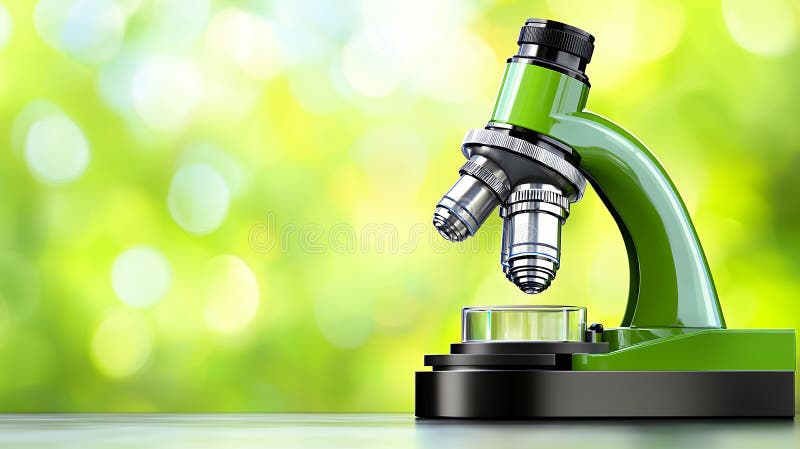 Green Microscope with Glass Slide on a Table Against a Blurry Natural ...