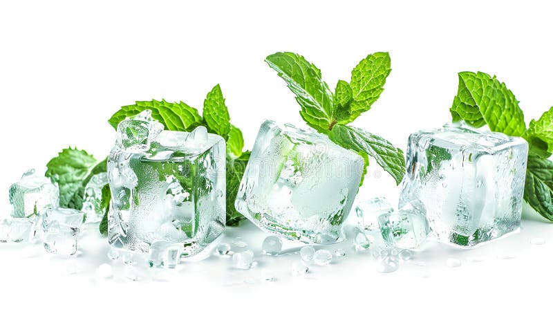 Green Mint and Ice Cubes Isolated on White Stock Image - Image of cold ...