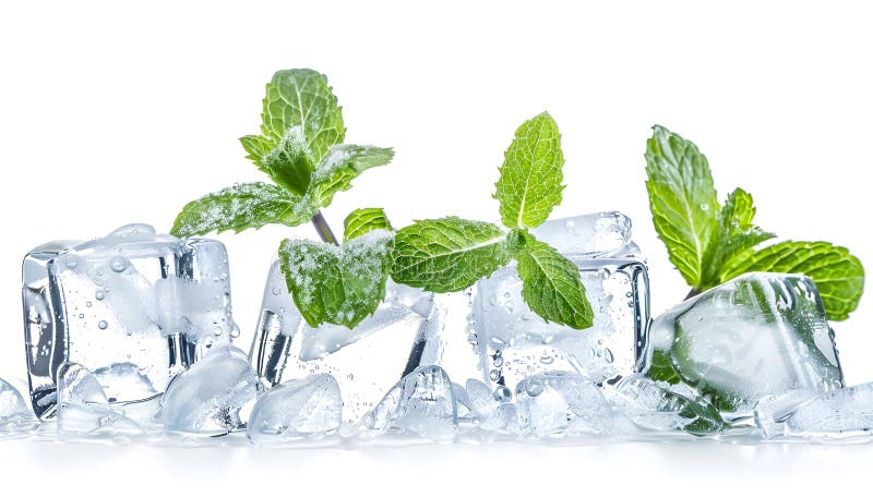 Green Mint and Ice Cubes Isolated on White Stock Image - Image of ...