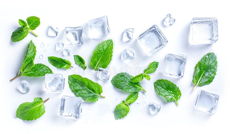 Green Mint and Ice Cubes Isolated on White Stock Image - Image of green ...