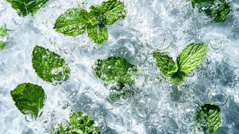 Green Mint Leaves Floating in Sparkling Water with Bubbles Stock ...