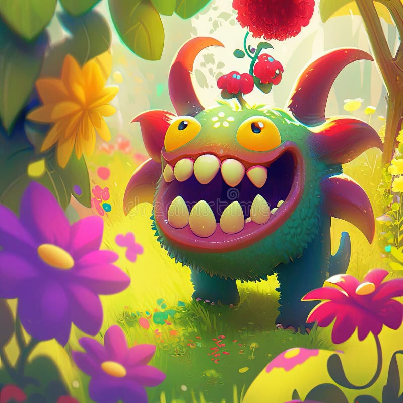 A Green Monster with Big Teeth Standing in a Field of Flowers ...