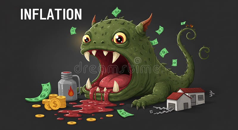 Green Monster with Large Eyes and Sharp Teeth, Symbolizing Inflation ...