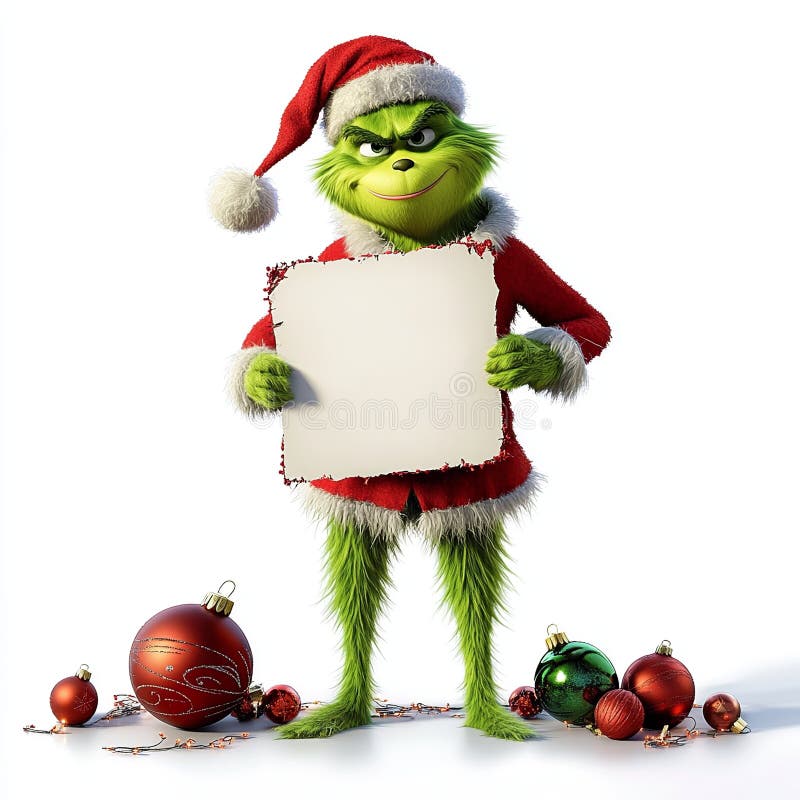 A Green Monster with a Red Hat and a White Sign in His Hand Stock ...