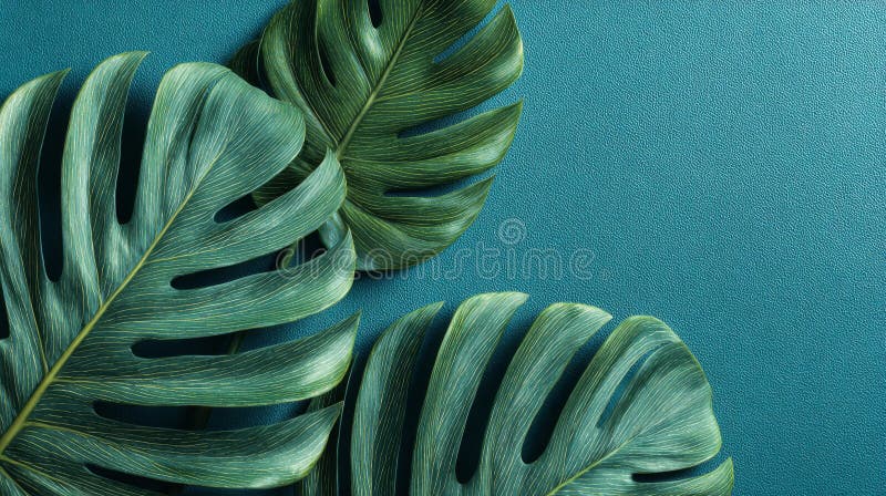 Green Monstera Leaves on Blue Glittery Background Stock Illustration ...