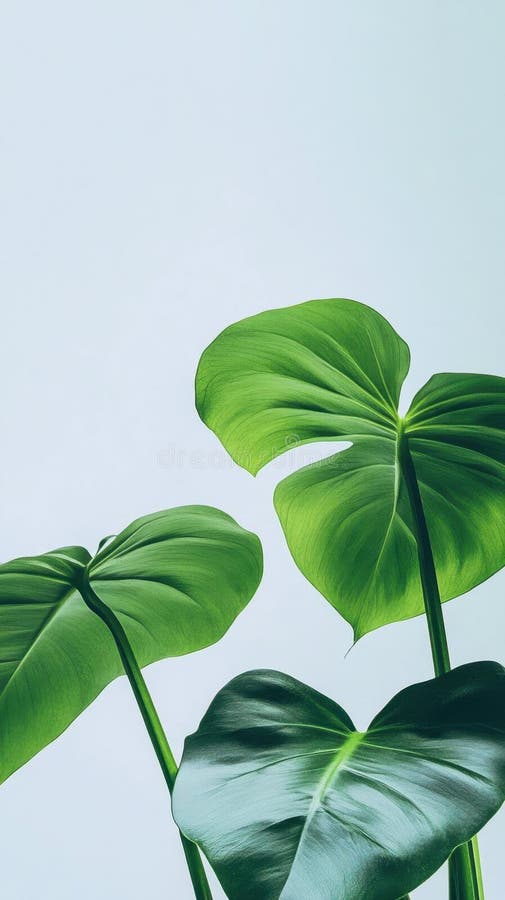 Green Monstera Leaves on a Light Blue Background, Creating a Minimalist ...