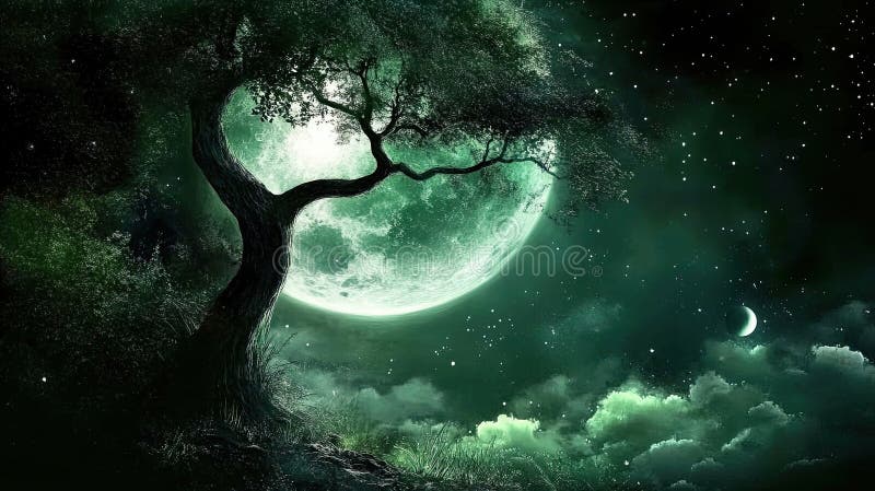 Green Moon Night Tree Landscape Stock Image - Image of nature, moon ...