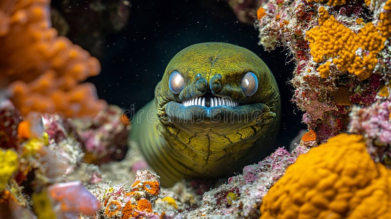 Green Moray Eel Peeking from Coral, Its Bright Eyes Glowing in Soft ...