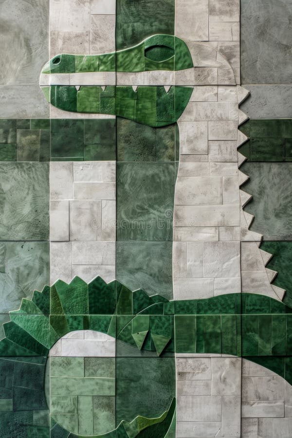 Green Mosaic Crocodile Design on a White and Grey Tiled Wall Stock ...