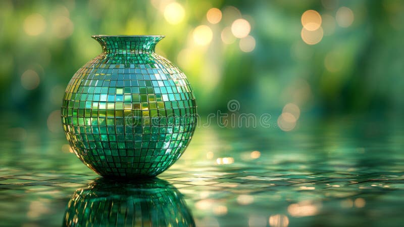 Green Mosaic Vase with Reflective Surface and Bokeh, Decorative Art ...