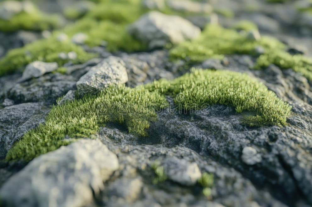 Green Moss Grows on Rock Surface with Natural Light, Nature Theme Stock Photo - Image of closeup ...
