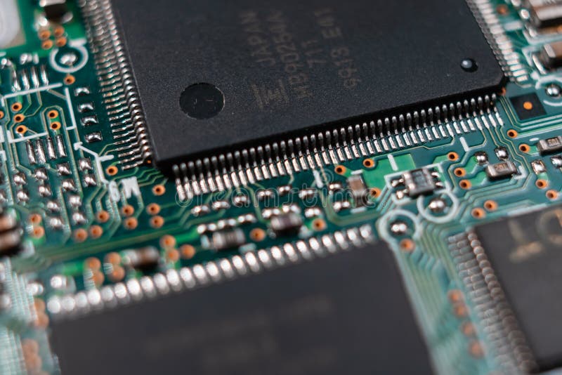 Green Motherboard with Computer Chips Close Up. Technology Concept ...